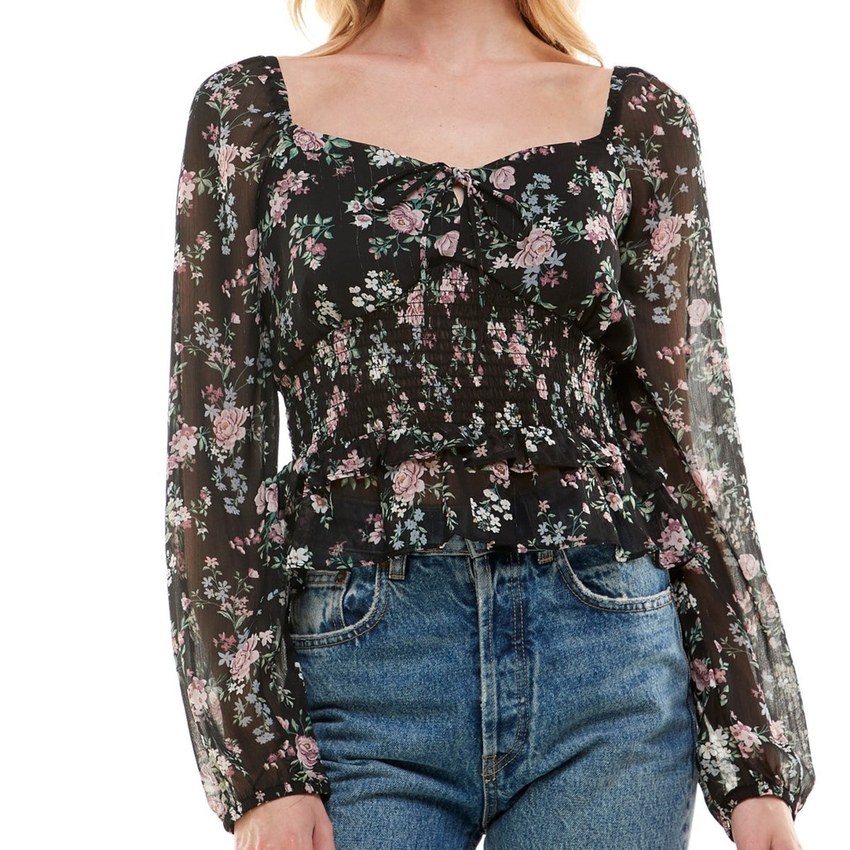 Women's Floral Printed Smocked Mesh Top,Black – All Brands Factory Outlet